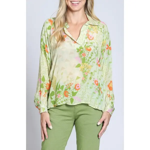 APNY Print Popover Top - Light Green Multi