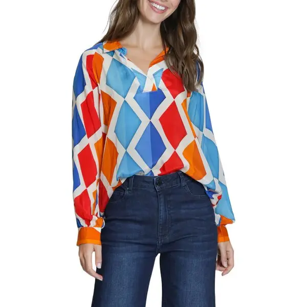 APNY Print Popover Top - Red Blue Multi