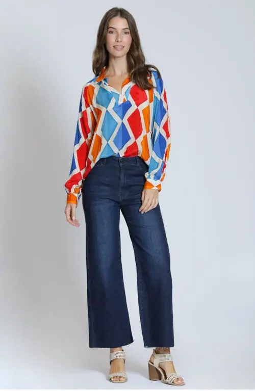 APNY Print Popover Top - Red Blue Multi