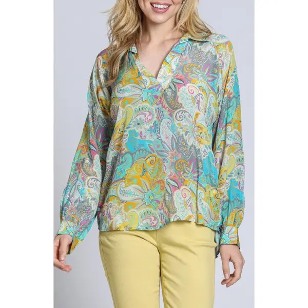 APNY Print Popover Top - Turquoise/ Yellow Mul