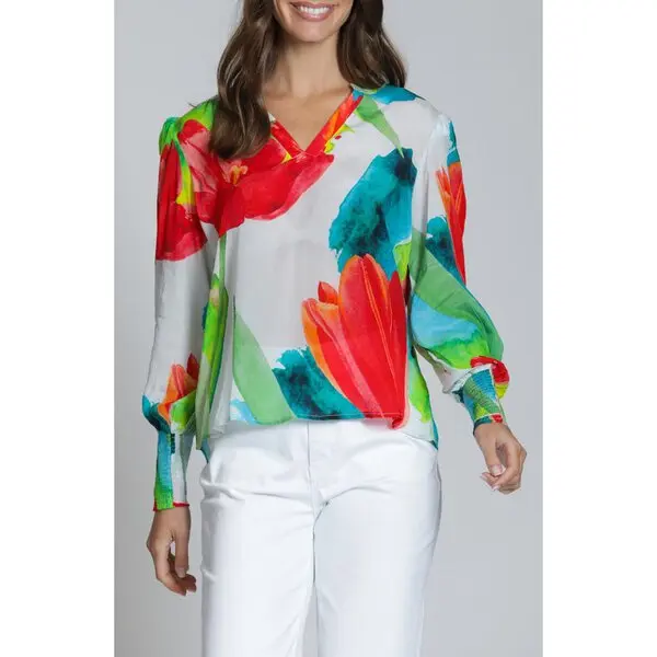 APNY Print Smocked Cuff Top - Red Multi