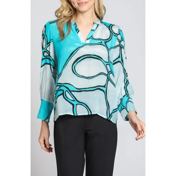 APNY Print Smocked Cuff Top - Turquoise Multi