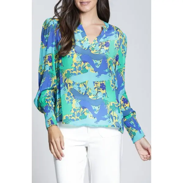 APNY Print Smocked Cuff Top - Turquoise Multi