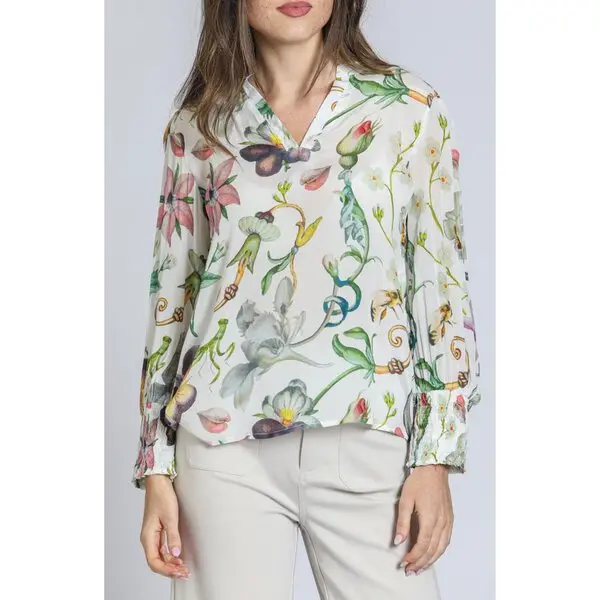APNY Print Smocked Cuff Top - White Multi