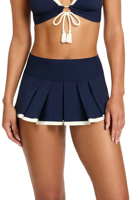 Robin Piccone Tierna Pleated Skirted Bikini Bottom - Navy/cream