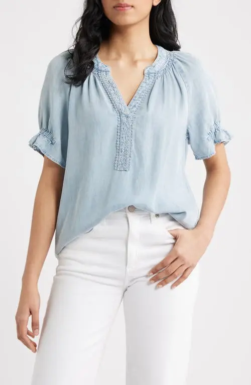 Wit & Wisdom Smocked Embroidered Top - Powder Blue