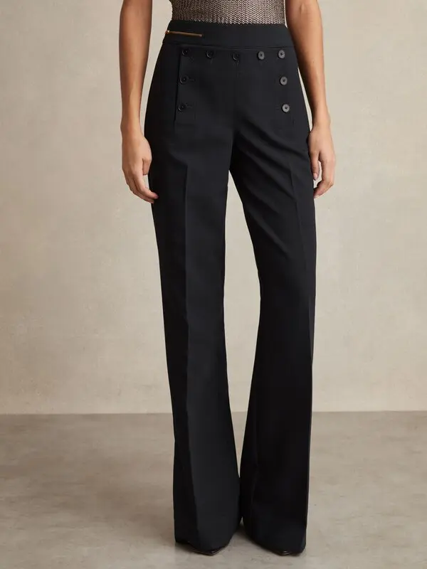 REISS Sidney Button-detail Wide-leg Trousers - Navy