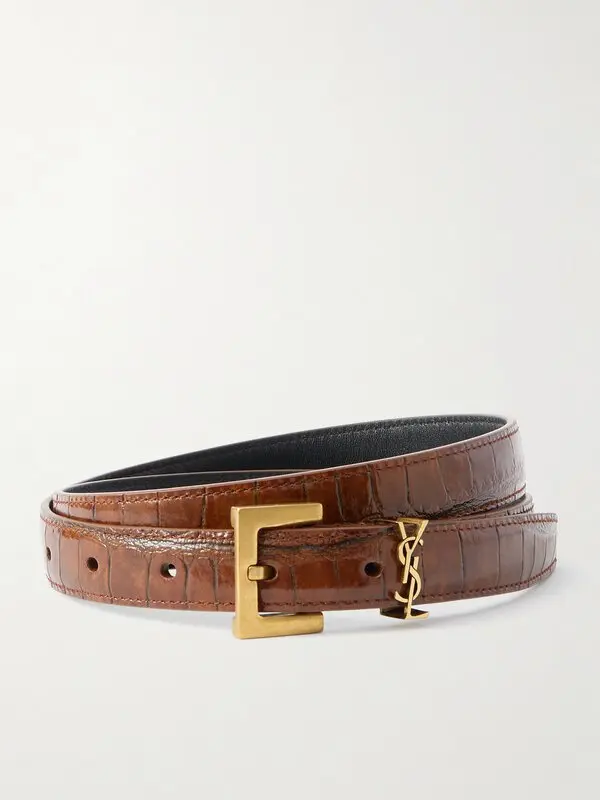 Saint Laurent Cassandre Croc-effect Leather Belt - Brown