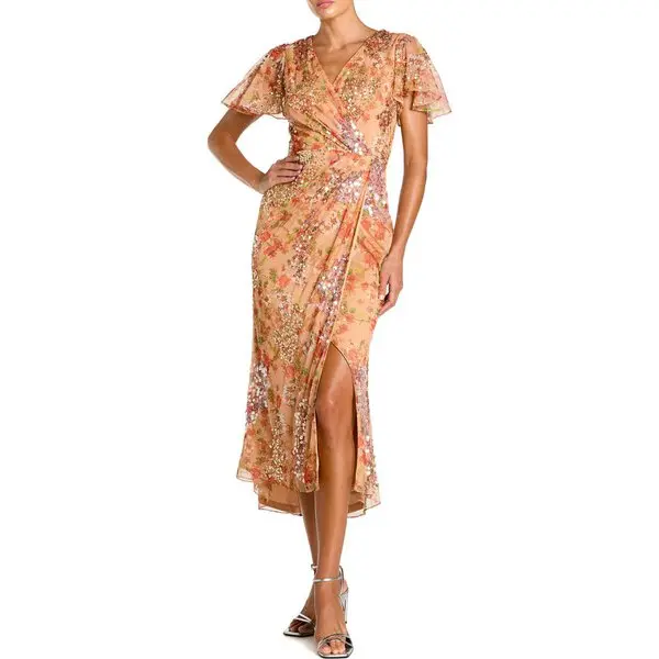 Mac Duggal Printed Mesh Faux Wrap Midi Dress - Apricot