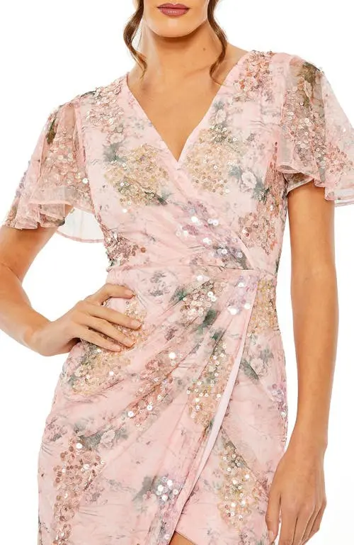 Mac Duggal Printed Mesh Faux Wrap Midi Dress - Rose