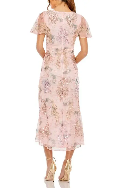 Mac Duggal Printed Mesh Faux Wrap Midi Dress - Rose
