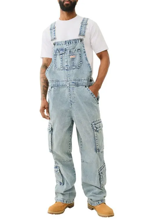 True Religion Baggy Denim Cargo Overalls - Optic Stone Light Wash