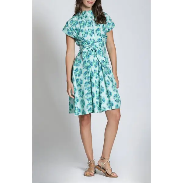 APNY Floral Print Belted A-line Dress - Aqua Multi
