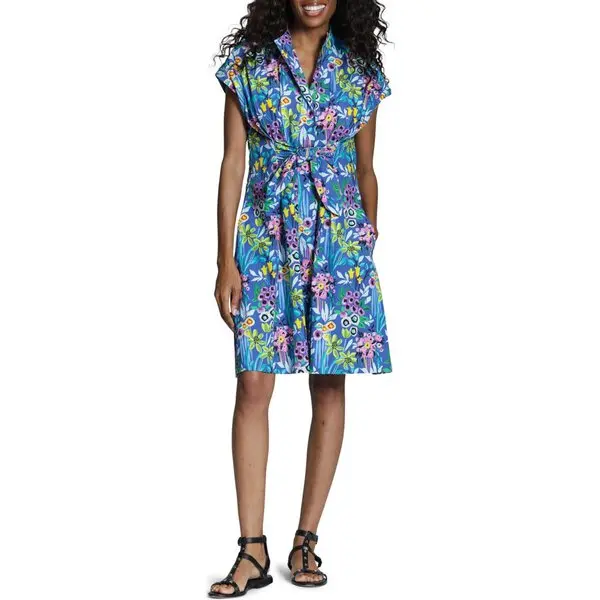 APNY Floral Print Belted A-line Dress - Blue Multi