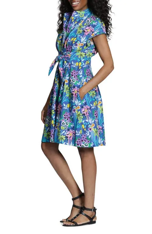 APNY Floral Print Belted A-line Dress - Blue Multi