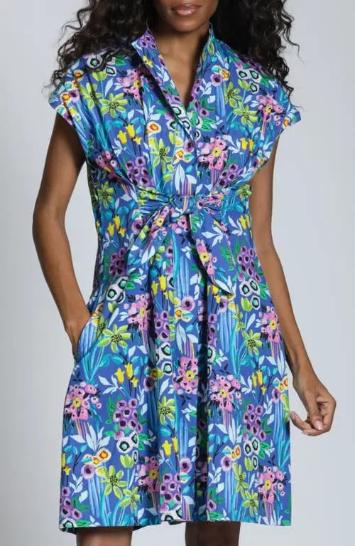 APNY Floral Print Belted A-line Dress - Blue Multi