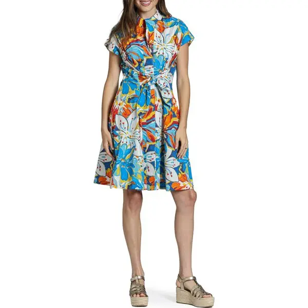 APNY Floral Print Belted A-line Dress - Blue Orange Multi