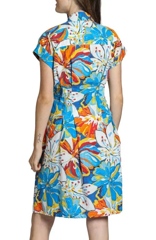 APNY Floral Print Belted A-line Dress - Blue Orange Multi