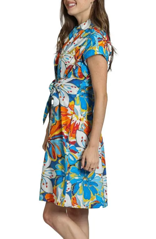 APNY Floral Print Belted A-line Dress - Blue Orange Multi