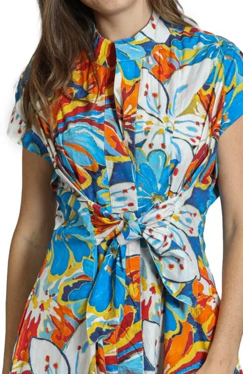 APNY Floral Print Belted A-line Dress - Blue Orange Multi