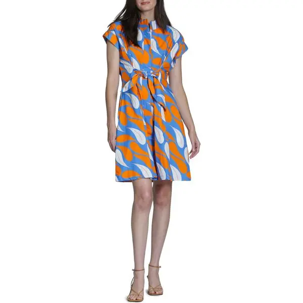 APNY Floral Print Belted A-line Dress - Orange Multi
