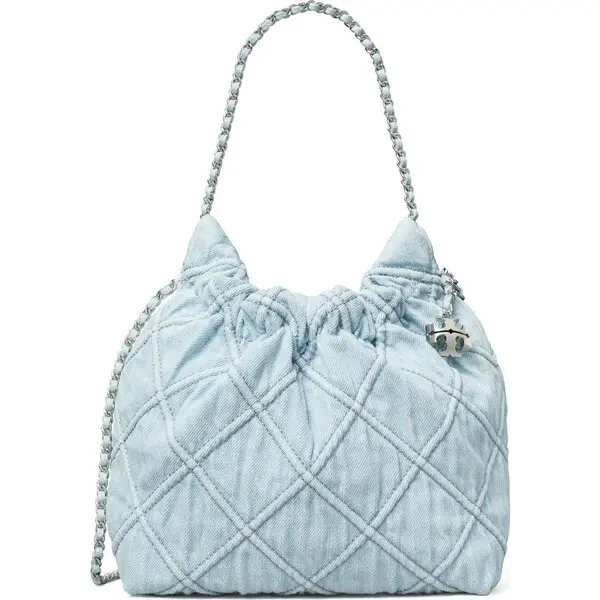 Tory Burch Fleming Quilted Denim Hobo Bag - Seltzer