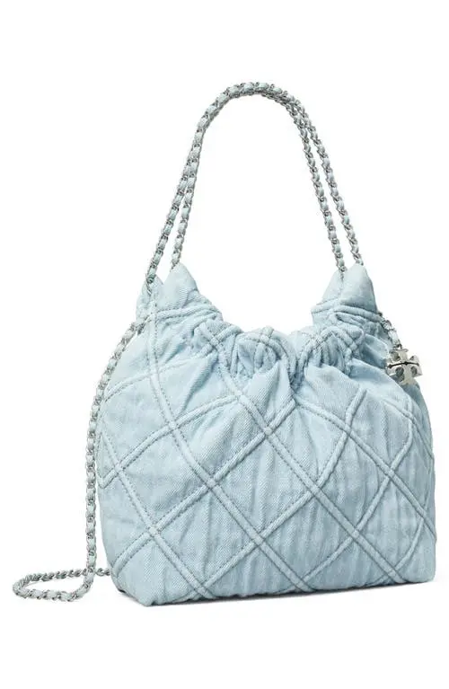 Tory Burch Fleming Quilted Denim Hobo Bag - Seltzer