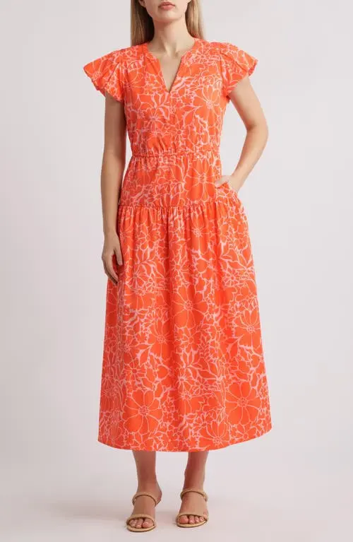 Wit & Wisdom Floral Cotton Blend Midi Dress - Pink/ Papaya Punch