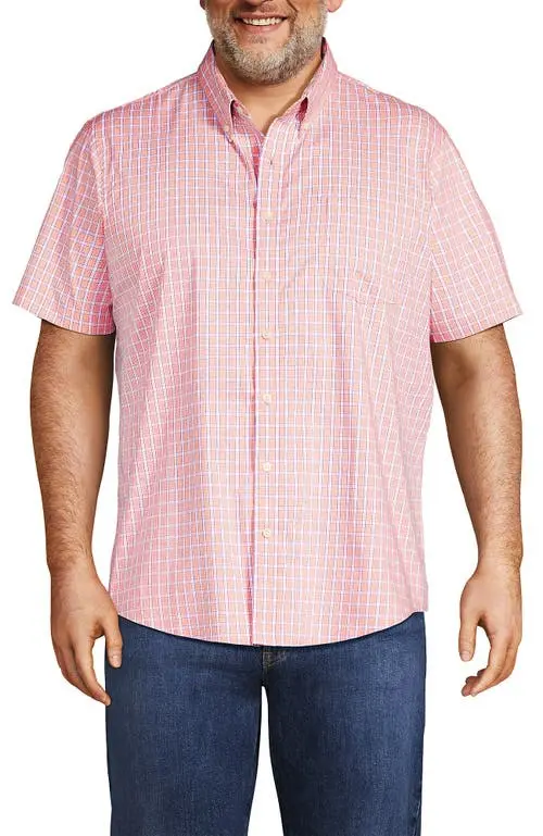 LANDS' END Traditional Fit Short Sleeve Travel Kit Shirt - Crisp Peach/cobalt Plaid