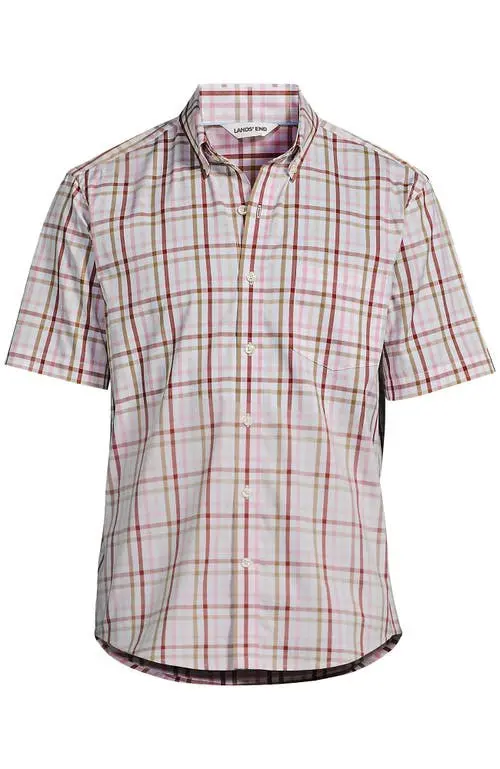 LANDS' END Traditional Fit Short Sleeve Travel Kit Shirt - Desert Tan/pink Tattersall