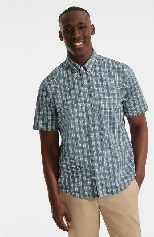LANDS' END Traditional Fit Short Sleeve Travel Kit Shirt - Eucalyptus/white Plaid