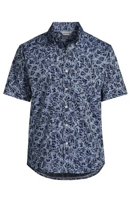LANDS' END Traditional Fit Short Sleeve Travel Kit Shirt - Misty Blue Palms