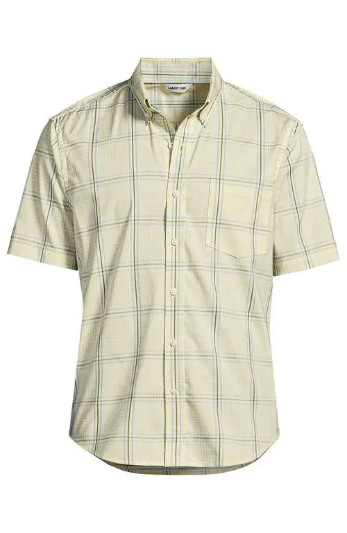 LANDS' END Traditional Fit Short Sleeve Travel Kit Shirt - Pale Yellow/blue Plaid