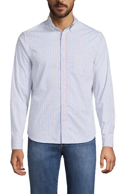 LANDS' END Traditional Fit Long Sleeve Travel Kit Shirt - Bourbon/white Plaid