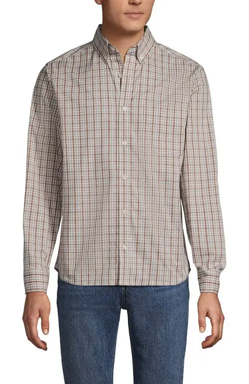 LANDS' END Traditional Fit Long Sleeve Travel Kit Shirt - Canyon Camel/white Plaid