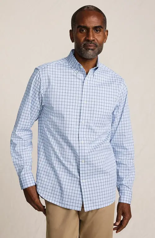 LANDS' END Traditional Fit Long Sleeve Travel Kit Shirt - Clearlake Blue Plaid