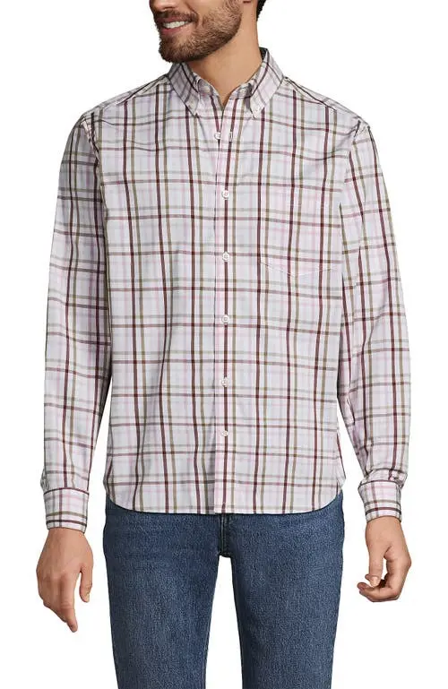 LANDS' END Traditional Fit Long Sleeve Travel Kit Shirt - Desert Tan/pink Tattersall