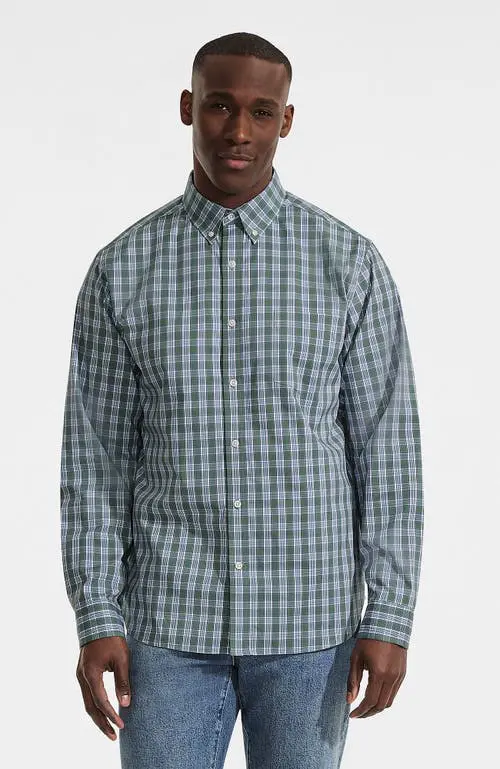LANDS' END Traditional Fit Long Sleeve Travel Kit Shirt - Eucalyptus/white Plaid