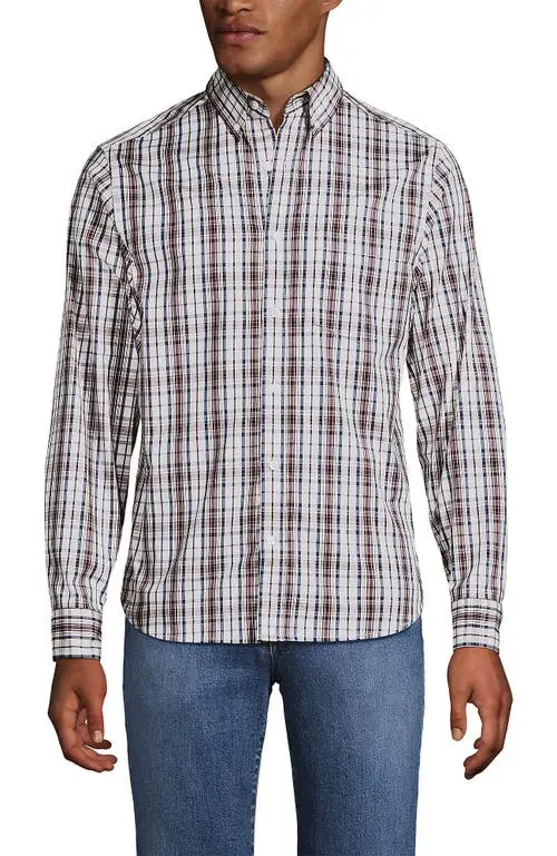 LANDS' END Traditional Fit Long Sleeve Travel Kit Shirt - Ivory/merlot Plaid