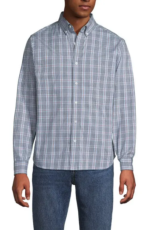 LANDS' END Traditional Fit Long Sleeve Travel Kit Shirt - Light Indigo/pink Plaid