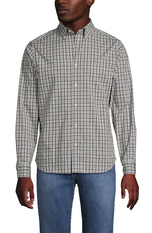 LANDS' END Traditional Fit Long Sleeve Travel Kit Shirt - Pale Gray/ivory Plaid