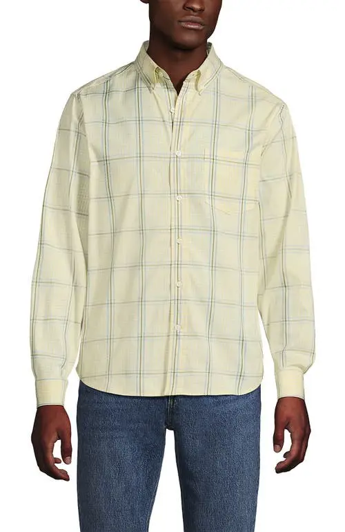 LANDS' END Traditional Fit Long Sleeve Travel Kit Shirt - Pale Yellow/blue Plaid