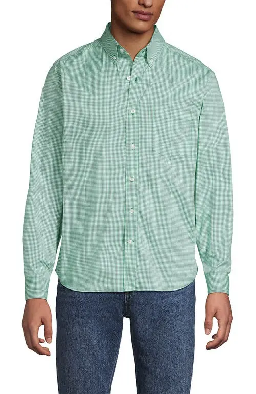 LANDS' END Traditional Fit Long Sleeve Travel Kit Shirt - Simply Green/blue Micro Plaid