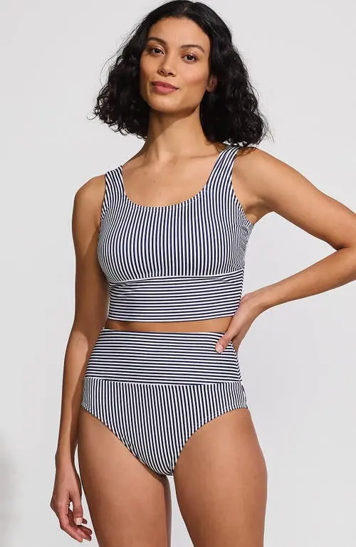 LANDS' END Tankini And High Waisted Bottom Swimsuit Set - Deep Sea Navy Mini Stripe