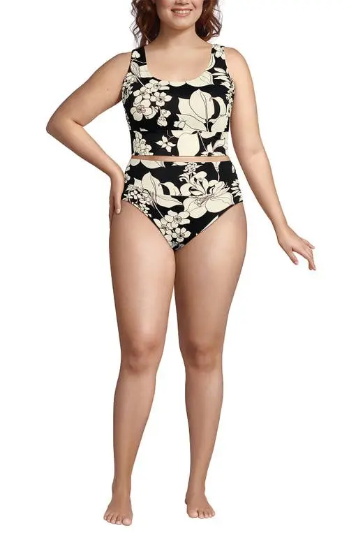 LANDS' END Ribbed Tankini And High Waisted Bikini Bottom Set - Black/egret Lilies