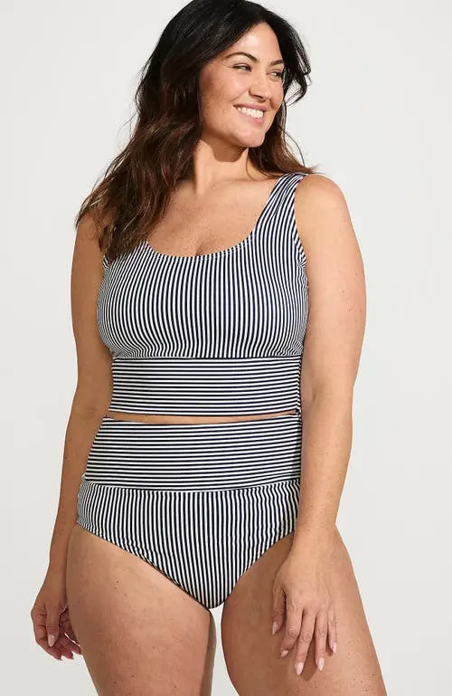 LANDS' END Tankini And High Waisted Bottom Swimsuit Set - Deep Sea Navy Mini Stripe