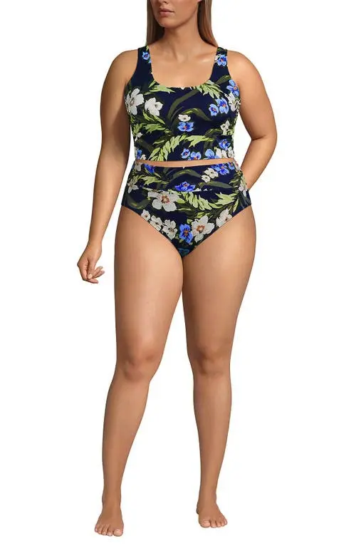LANDS' END Ribbed Tankini Swimsuit Set - Deep Sea/blue Floral Tropic