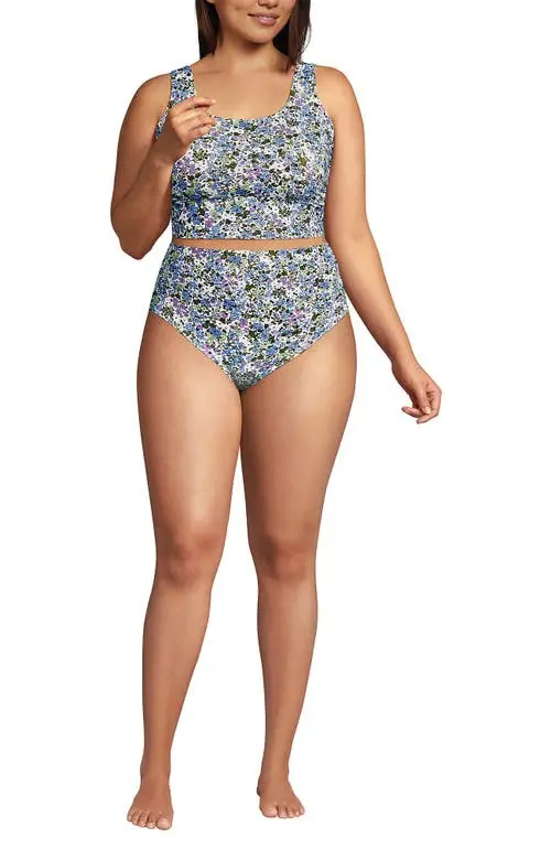 LANDS' END Ribbed Tankini And High Waisted Bikini Bottom Set - White/lilac Multi Ditsy Floral