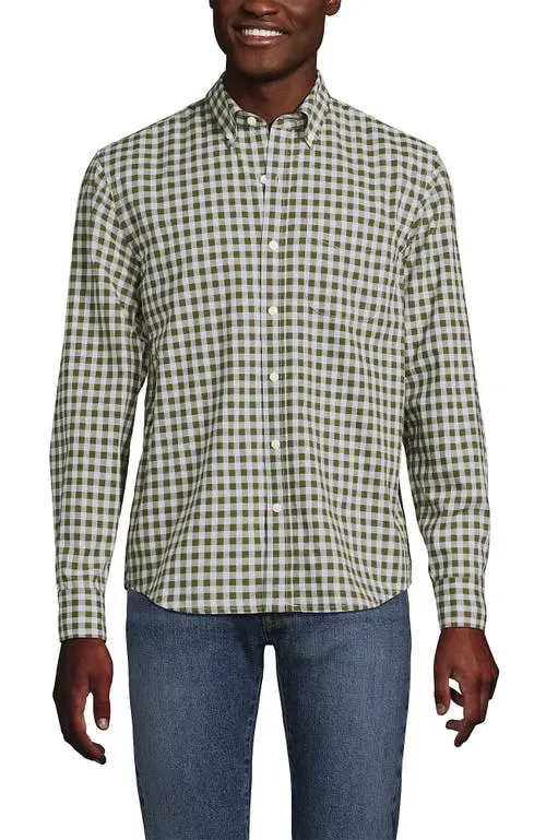 LANDS' END Traditional Fit Essential Lightweight Poplin Shirt - Olive Drab Gingham