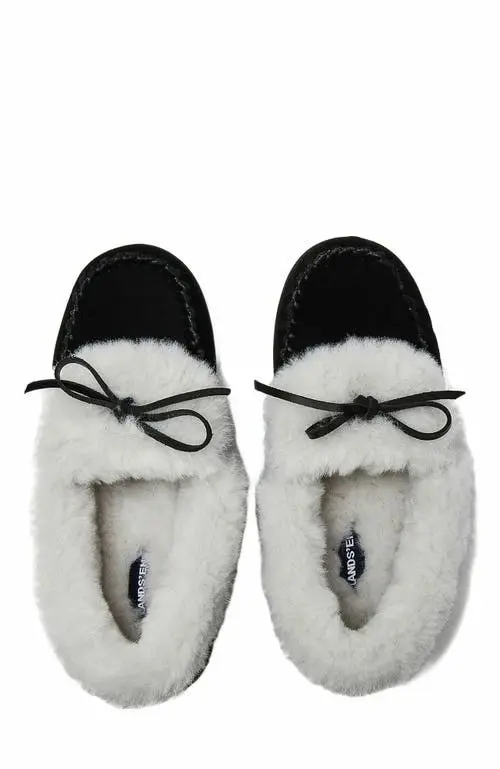 LANDS' END Fluffy Lined Moccasin Slippers - Black Suede